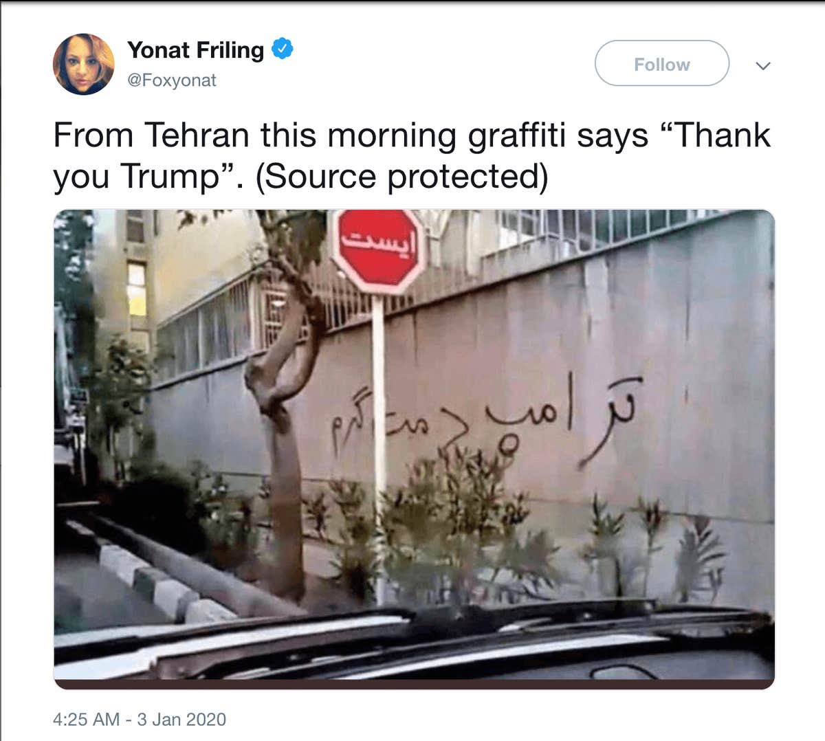 Fox News Producer Tweeted Iranian Graffiti Showing Support for Trump