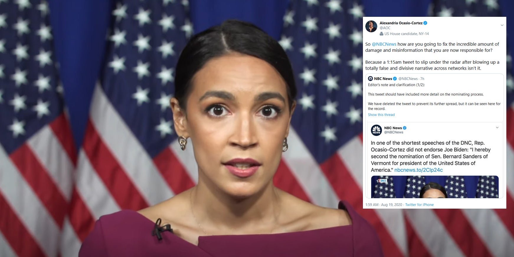 Alexandria Ocasio-Cortez Calls Out NBC Tweet About Her DNC Speech Alexandria Ocasio-Cortez Calls Out NBC Tweet About Her DNC Speech