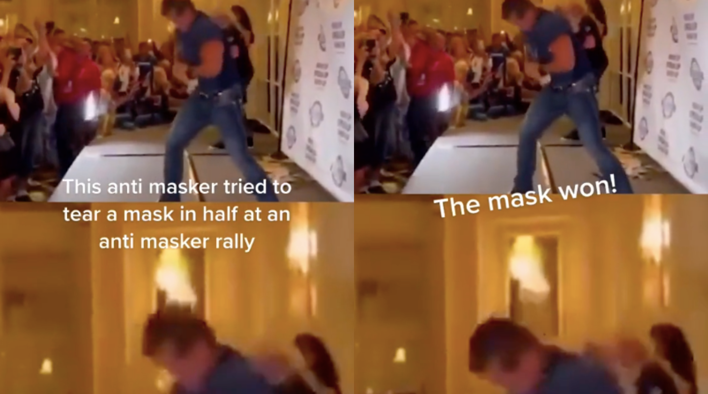 Anti-Masker Tries and Fails To Rip Mask In Half in Viral TikTok Video