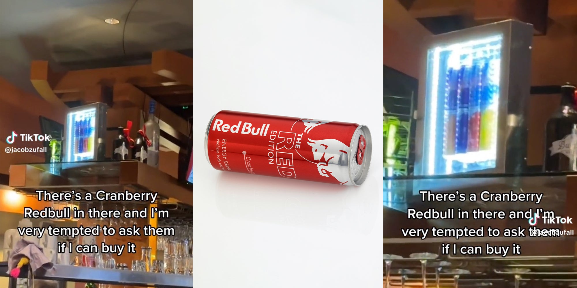 Cranberry Red Bull Can Spotted in Display Case Above Bar
