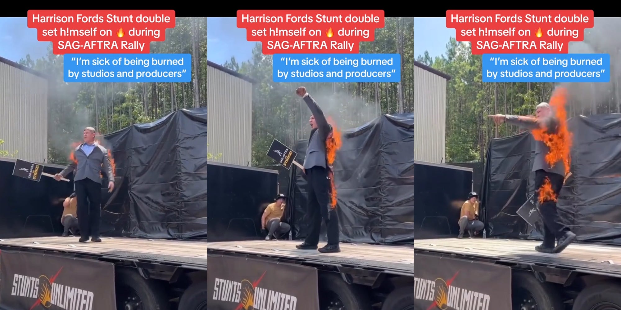 Video of stunt performer on fire during a SAG-AFTRA rally
