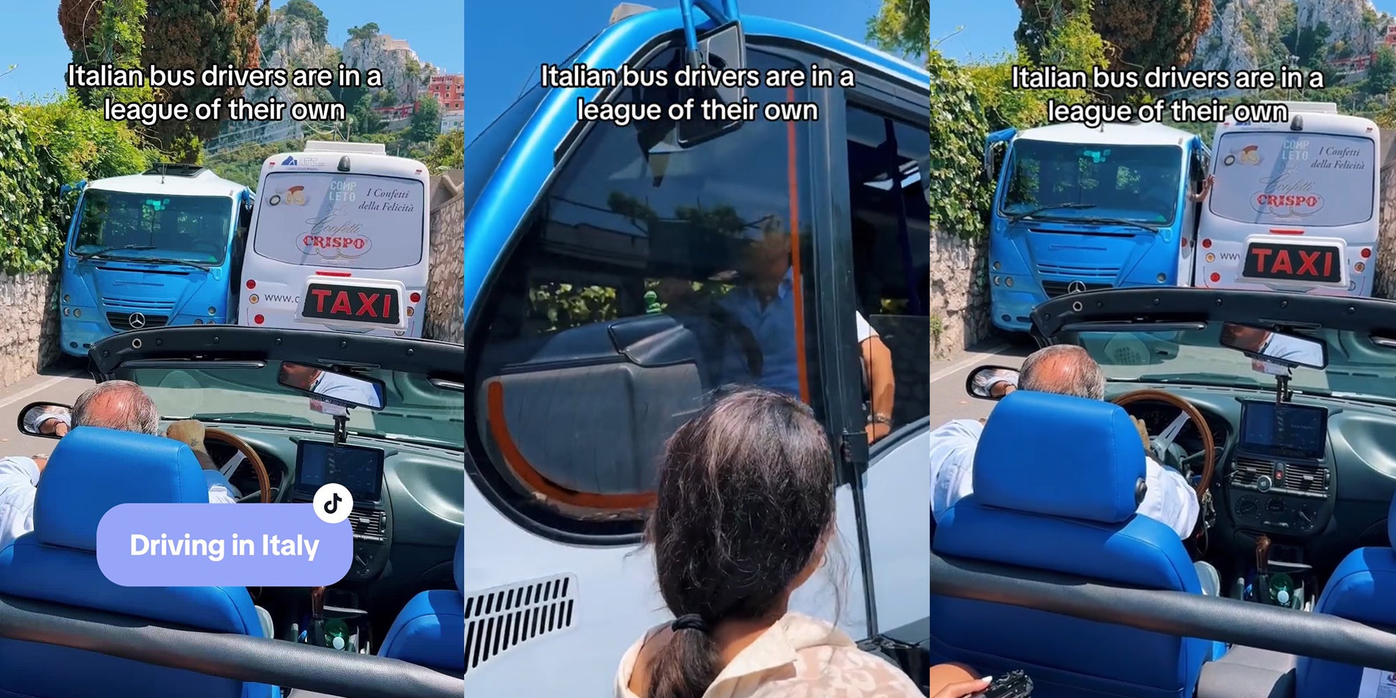 Italian Bus Drivers Squeeze Past Each Other on Narrow Street