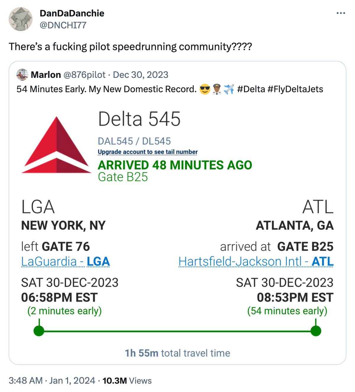 Delta Pilot's 'Record' Time Brings Out Speedrunning Jokes