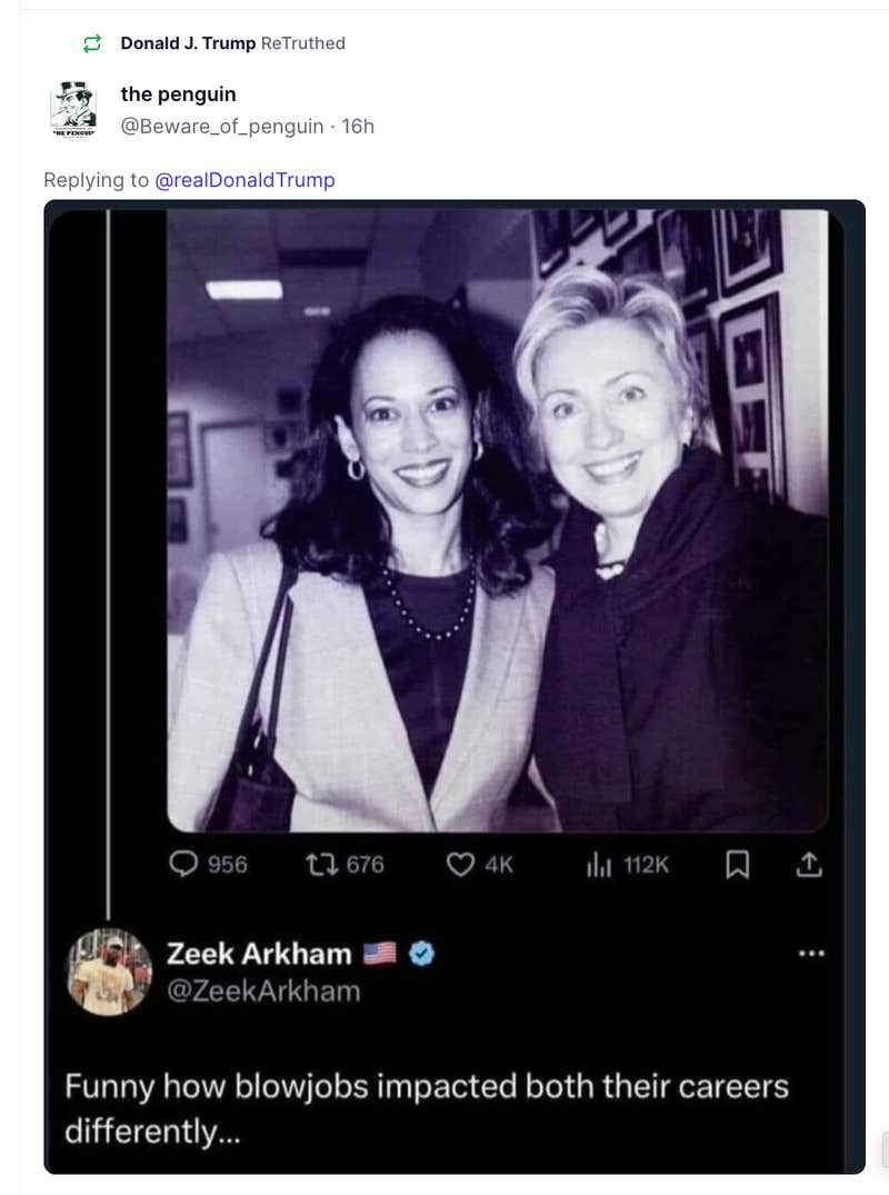 Trump Post Graphic Joke Comparing Harris, Clinton and Blowing