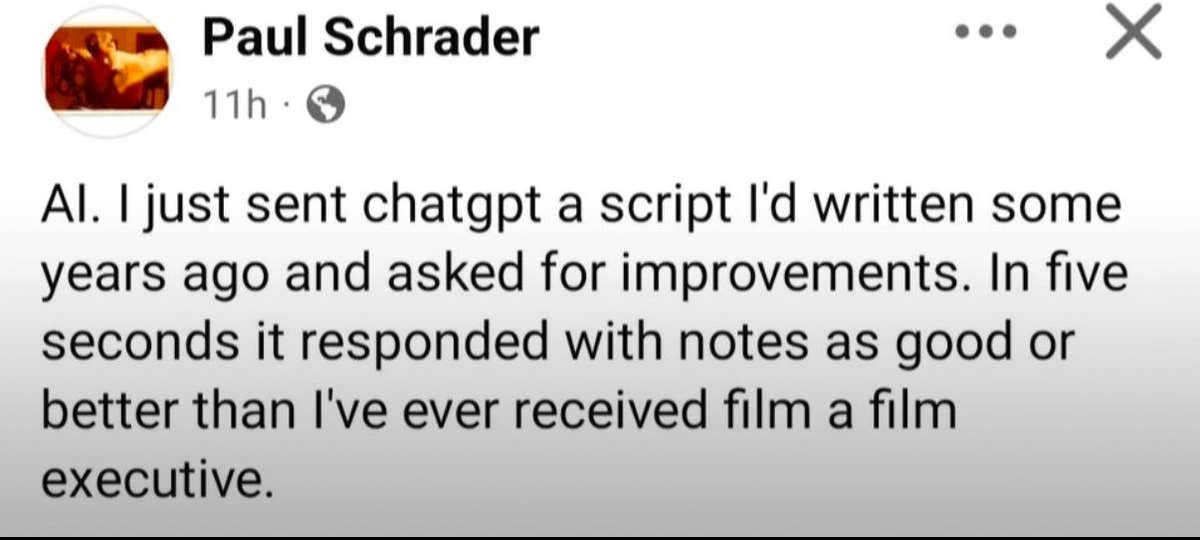 Paul Schrader says AI is better than people at generating film ideas