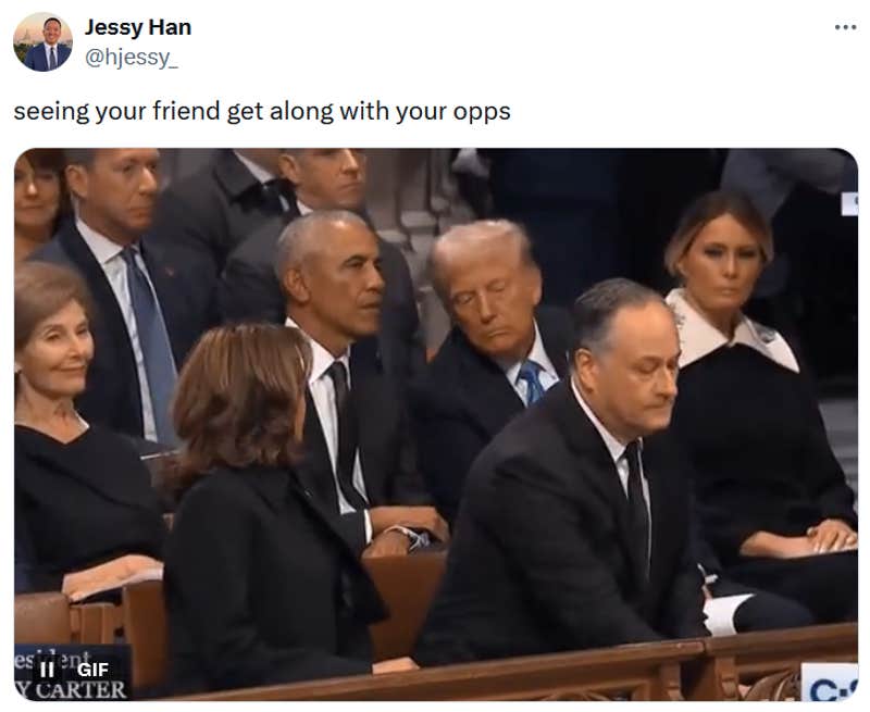 Trump And Obama Seen Laughing At Jimmy Carter’s Funeral—Cue The Memes