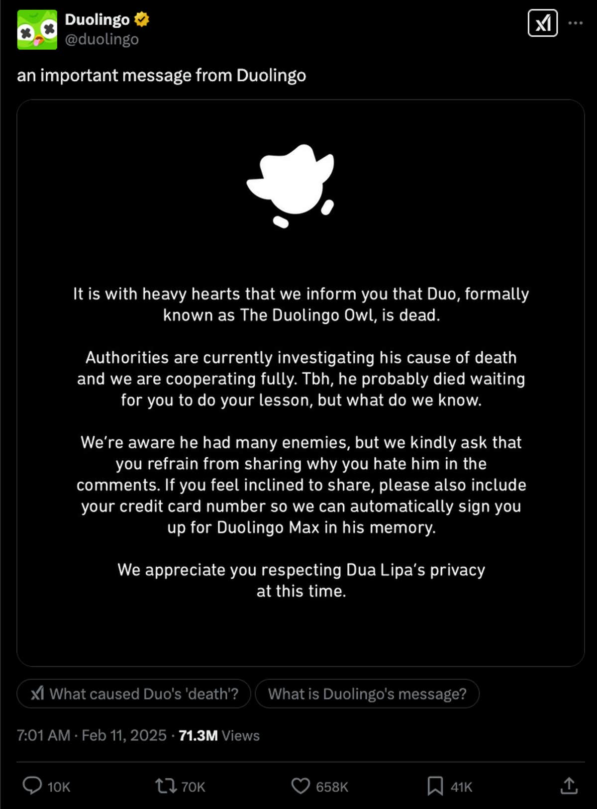 The Duolingo Owl is dead—and fans are blaming Drake