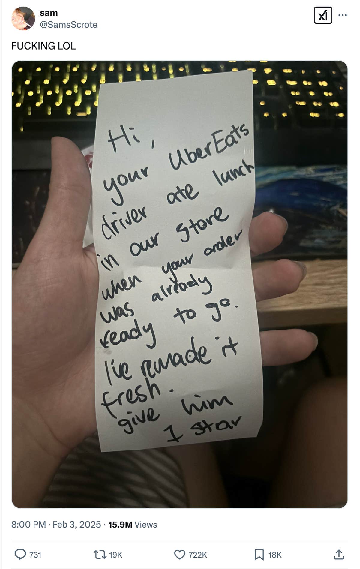 Restaurant pens note to customer after Uber Eats driver ate their meal