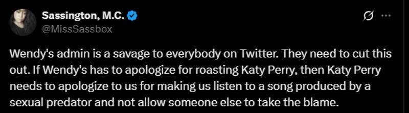 Katy Perry fans demand apology after Wendy’s 'send her back' joke