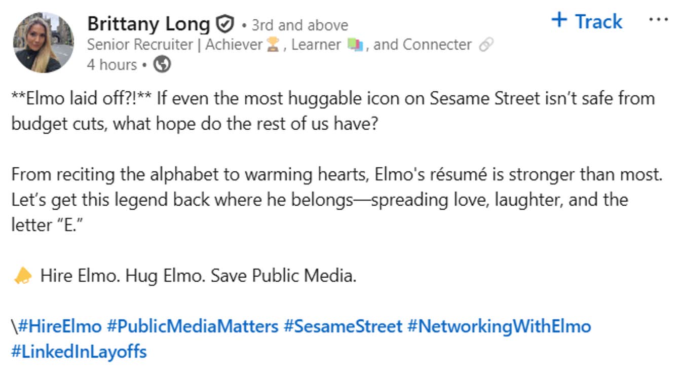 Elmo’s ‘laid off’ LinkedIn post raises alarms about public media cuts
