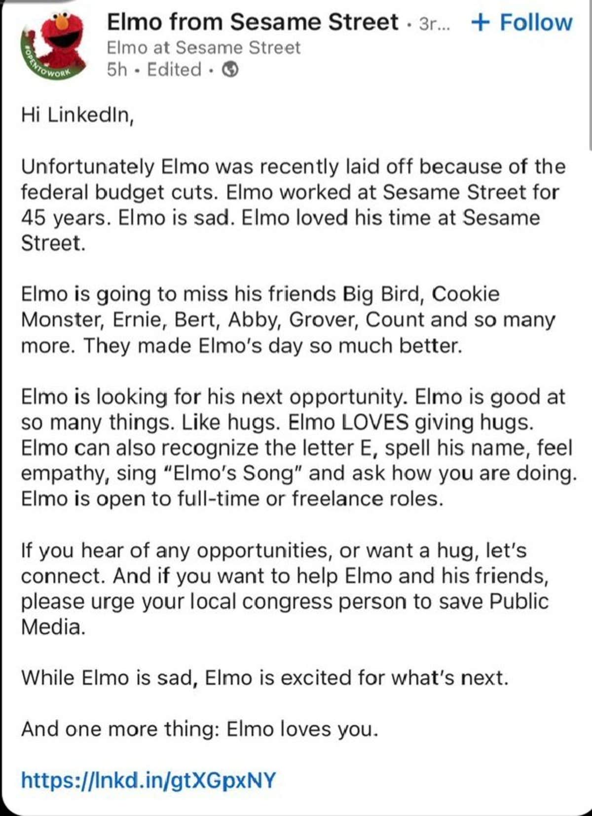 Elmo’s ‘laid off’ LinkedIn post raises alarms about public media cuts
