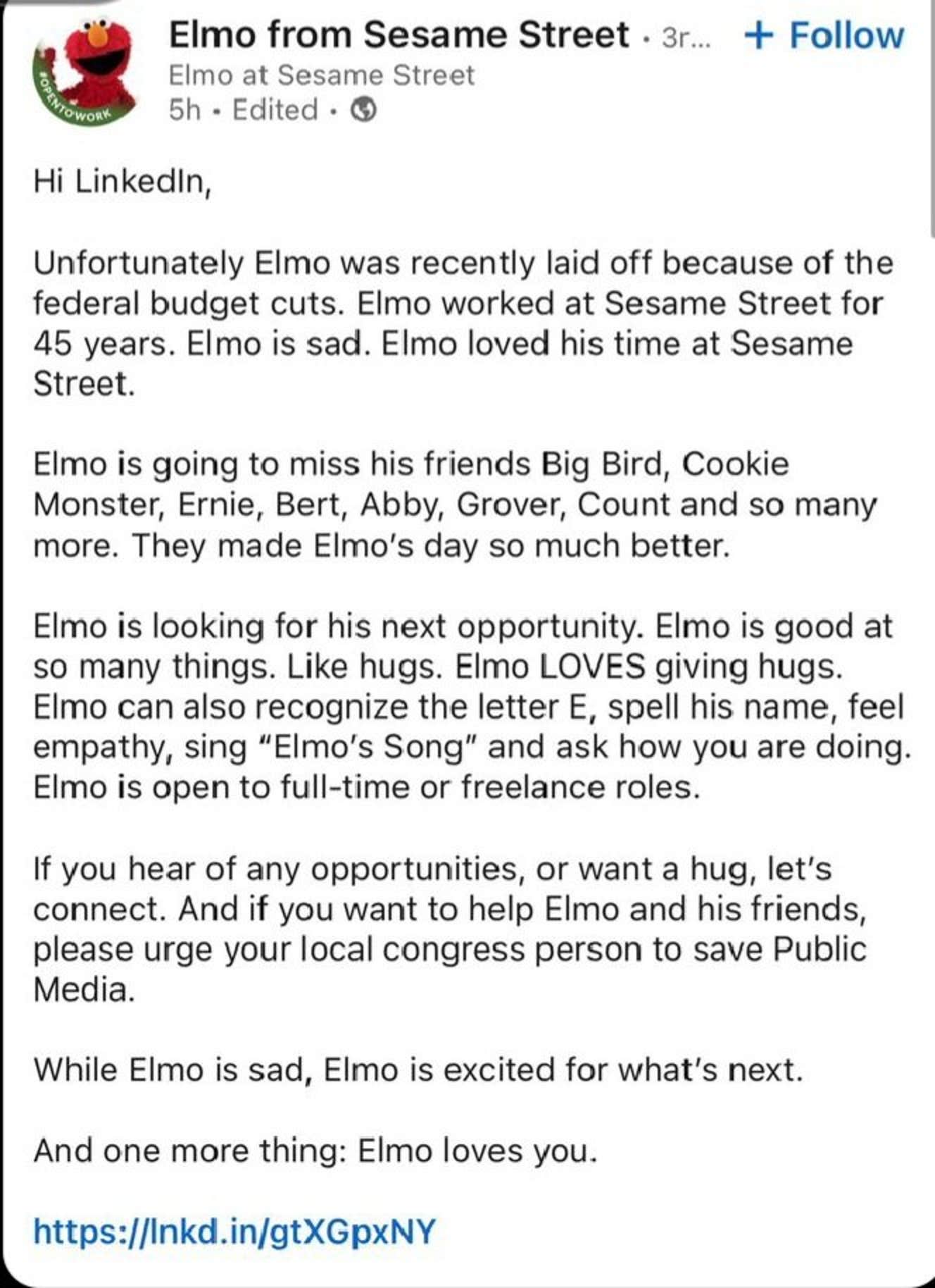Elmos ‘laid Off Linkedin Post Raises Alarms About Public Media Cuts