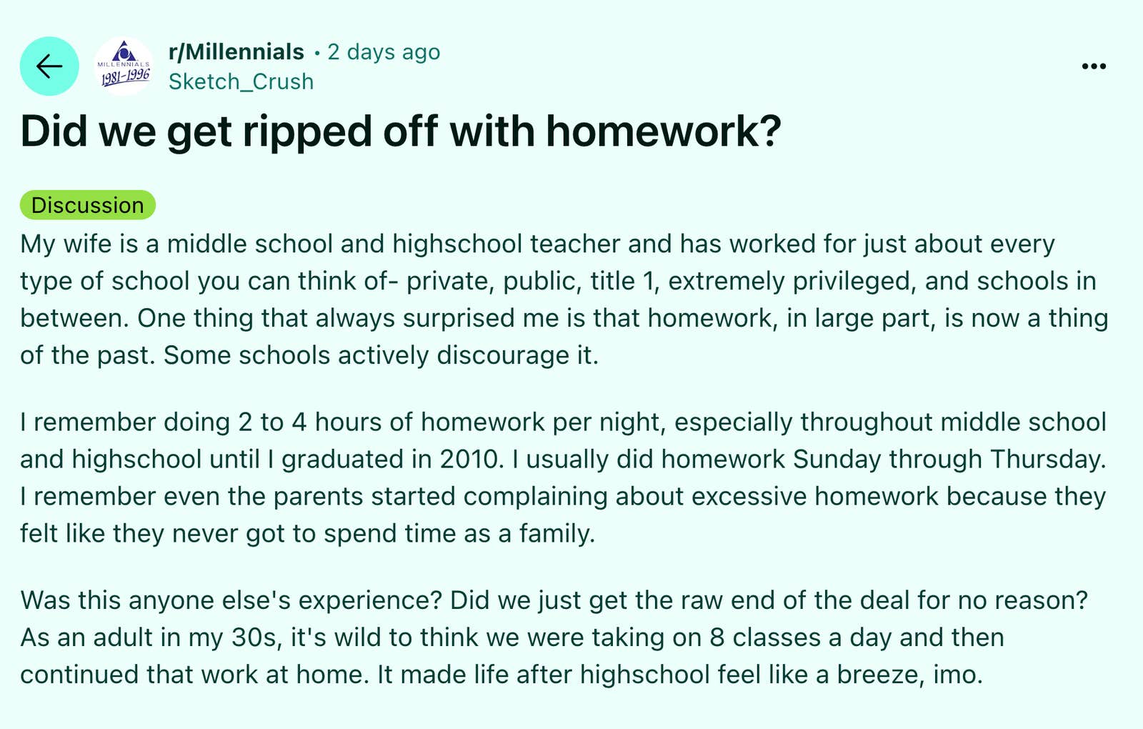 Millennial asks: Did we get ripped off by the homework grind?