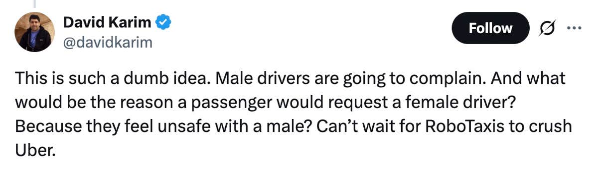 Uber announces new Women Preference driver feature