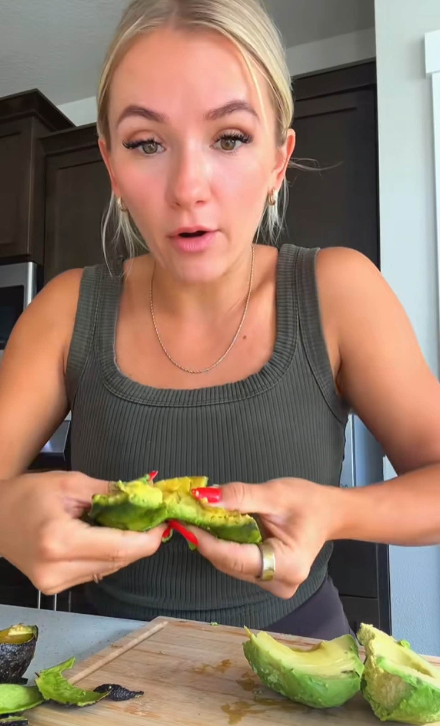 Woman compares a Costco avocado to a $4 organic. The inside has people shook