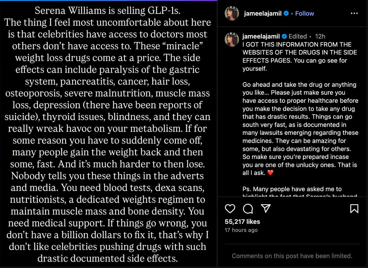 Jameela Jamil calls out Serena Williams for promoting GLP-1 drug