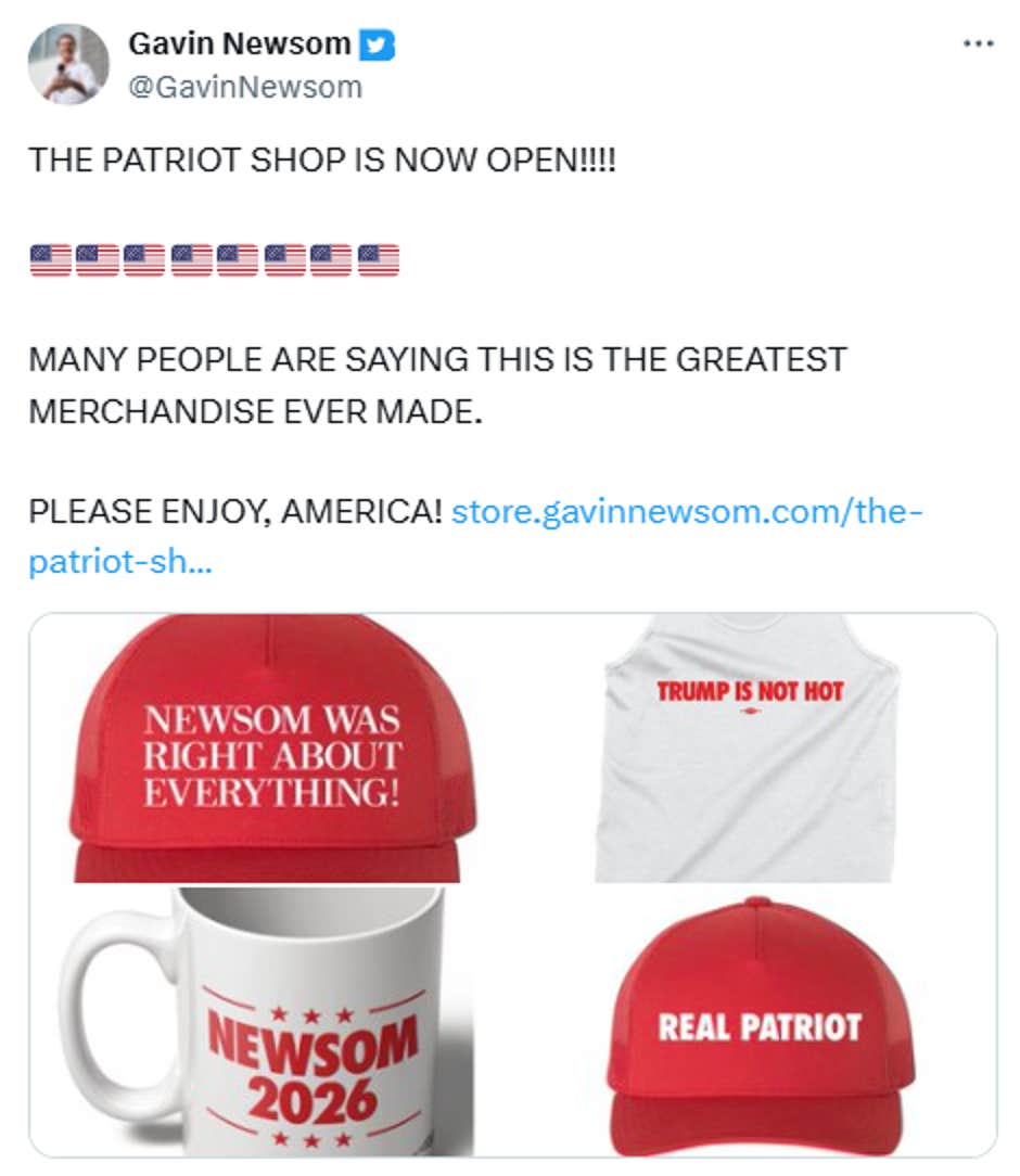 Gavin Newsom launches parody 'Patriot' merch shop mocking Trump