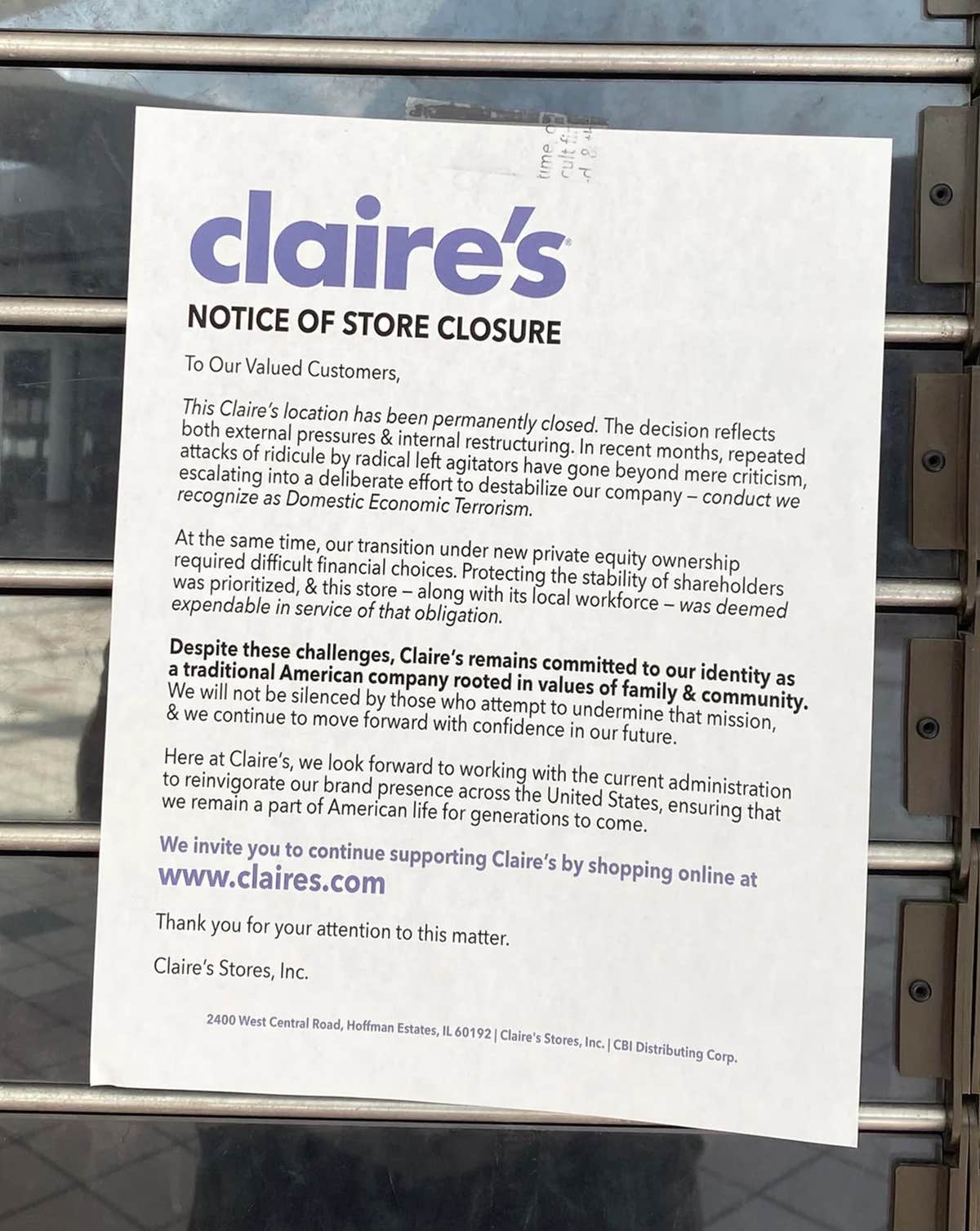 Why Did Note on Claire's Blame "Radical Left" for Store Closure?