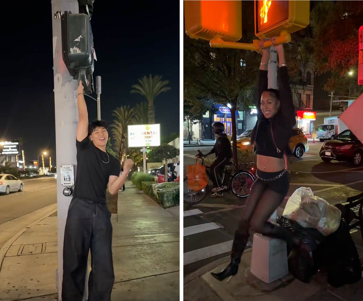 People are hanging off crosswalk signs in the "Maui Wowie" trend