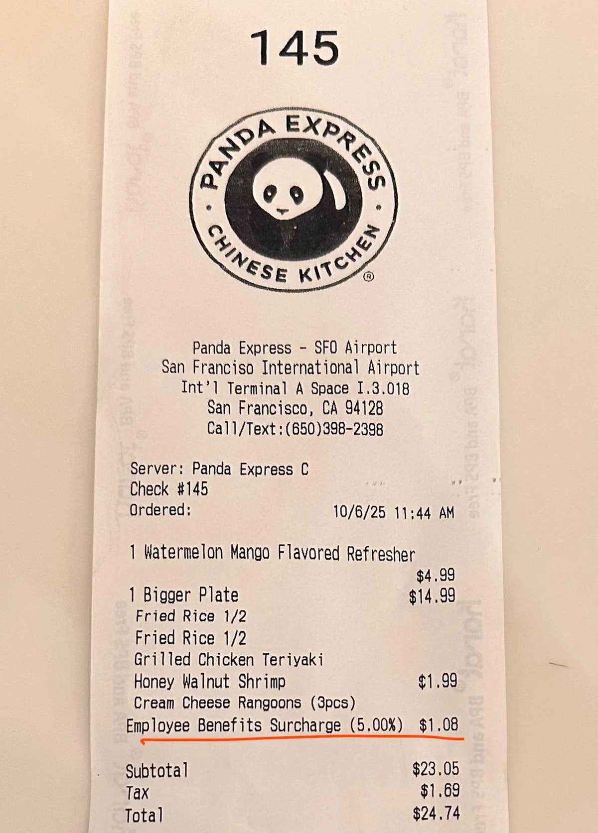 Panda Express Location added a 5% Employee Benefits Surcharge