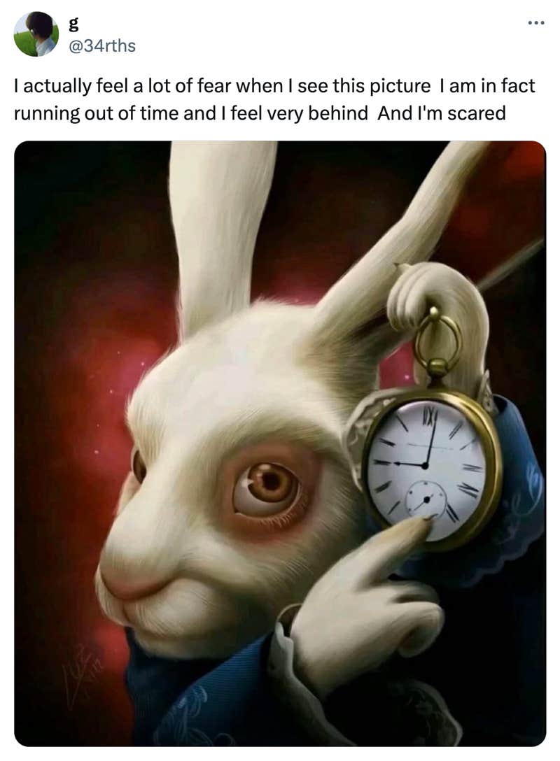 The “white rabbit pointing at a clock” meme explained: origins, meaning ...