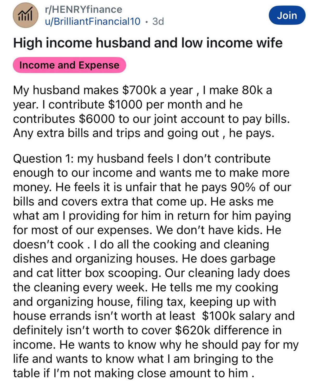 Man making $700K wants wife to cover her own car, retirement, and daily ...