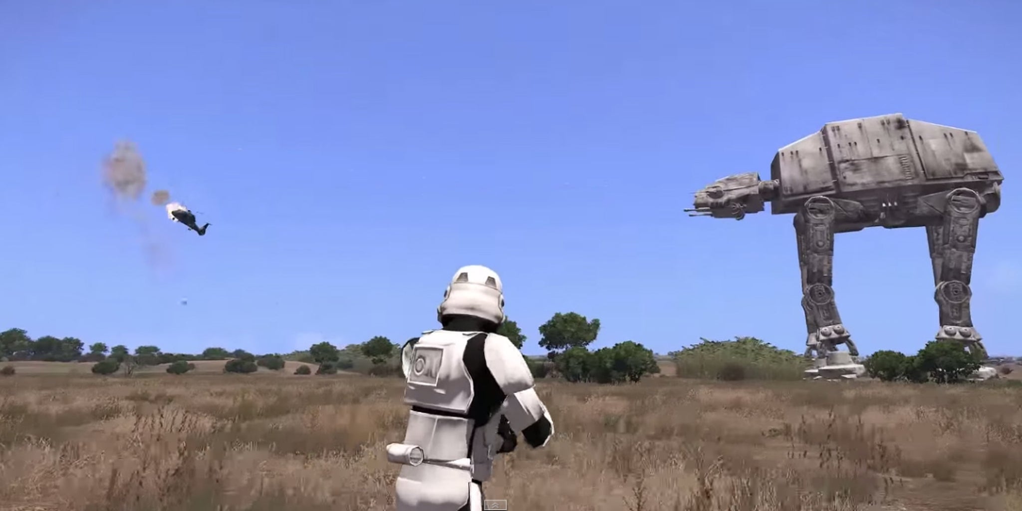 A U.S. military helicopter takes on a 'Star Wars' AT-AT